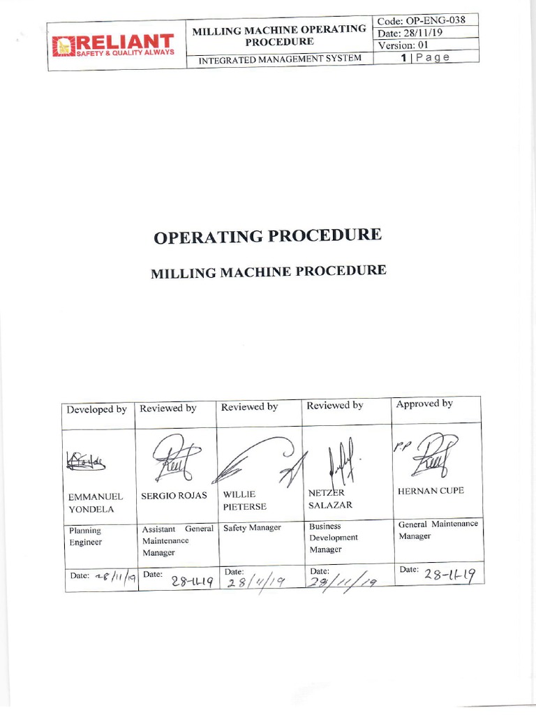 OP-ENG-038 Milling Machine Procedure | PDF