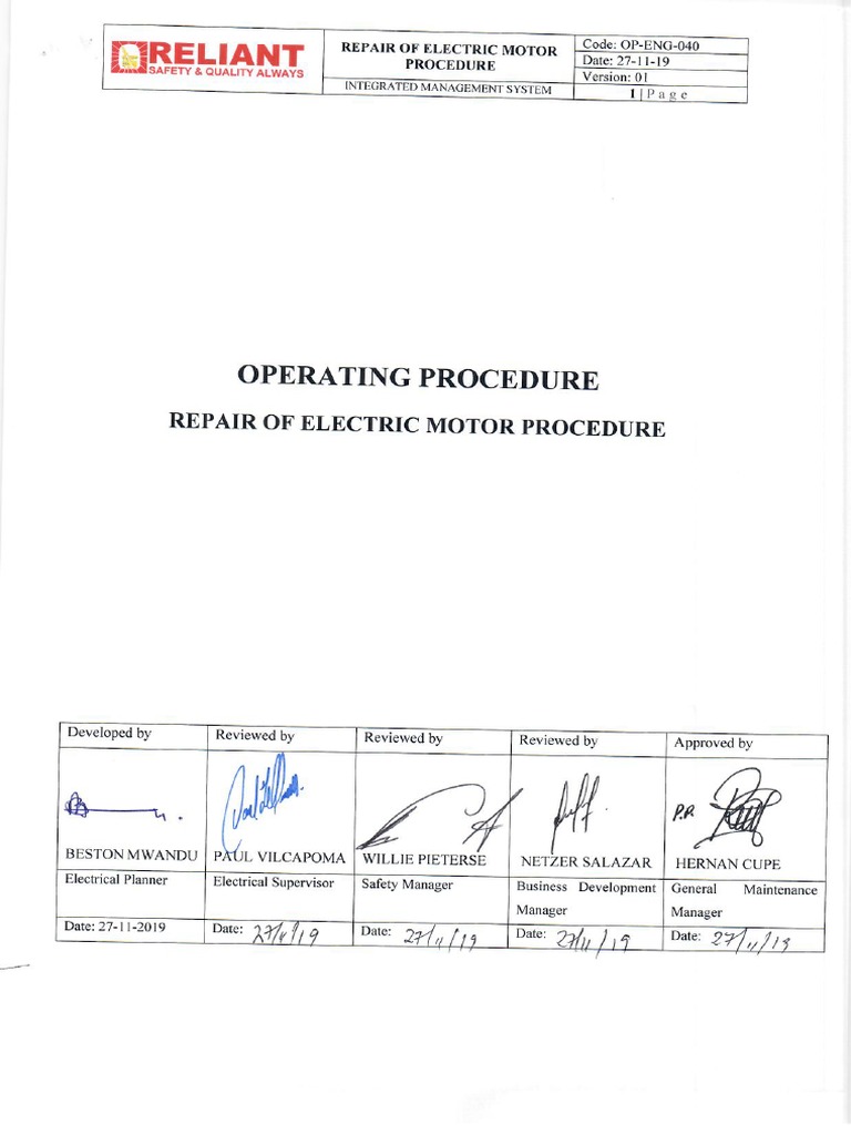 OP-ENG-040 Repair of Electric Motor Procedure | PDF