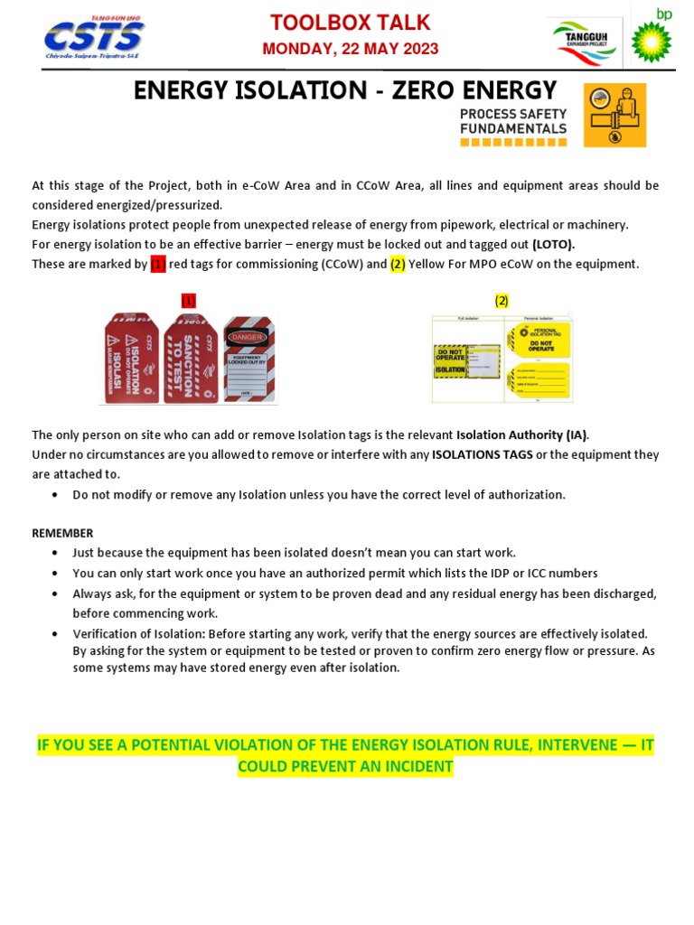 CSTS - Toolbox Talks Energy Isolation - Zero Energy | PDF ...