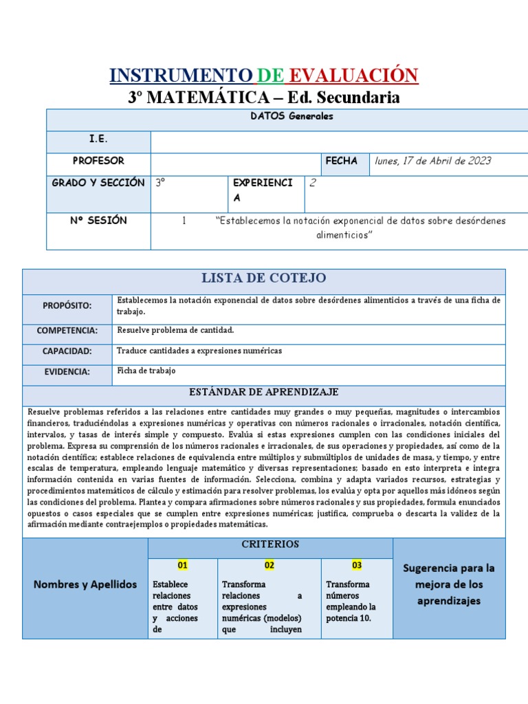 3°INSTRUMENTO DE EVALUACIÓN SESIÓN1-EXP2 MATEMÁTICA | PDF | Matemáticas | Evaluación