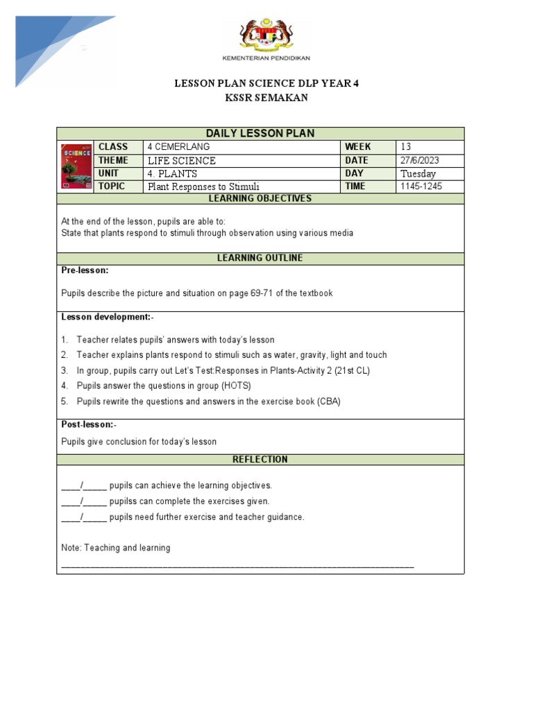 RPH SN DLP THN 4 NEW (Unit 4) | PDF | Lesson Plan | Teachers