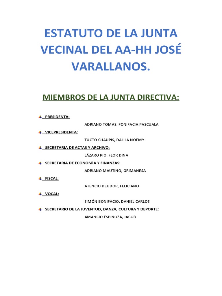 Estatuto de La Junta Vecinal Del Aa-Hh José Varallanos. | PDF | Votación | Alcalde