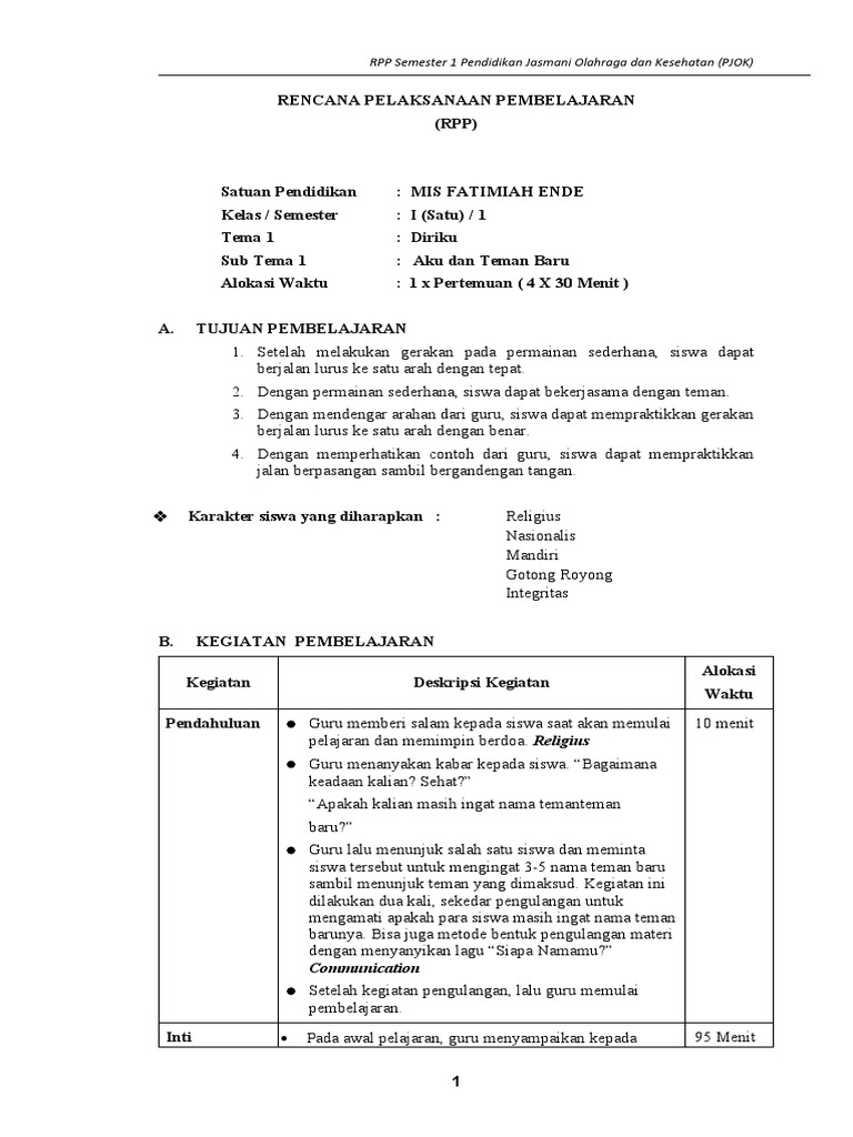 Kelas 1 RPP Tema 1-4 | PDF