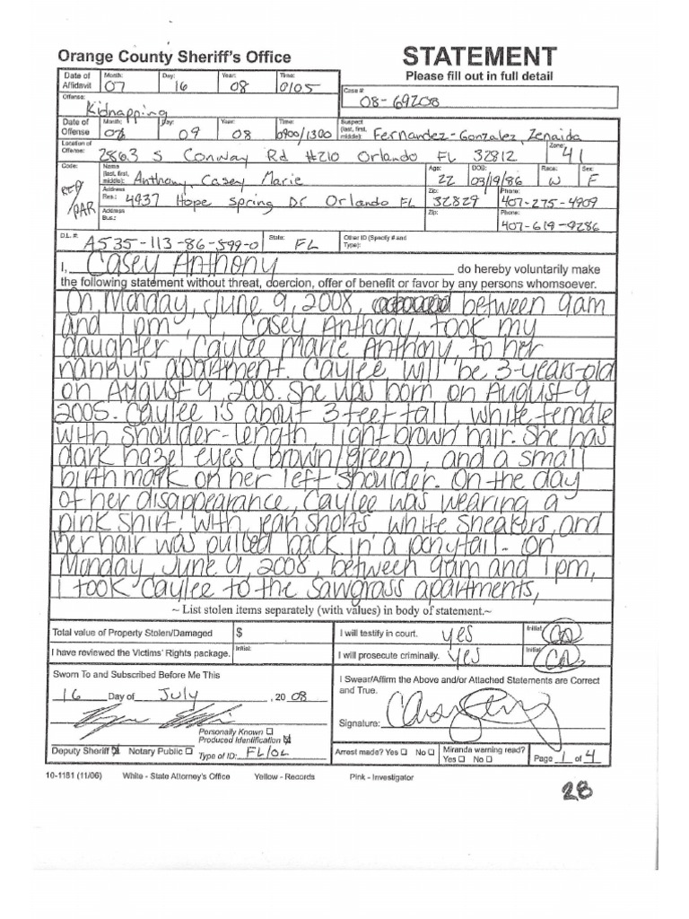 Casey Anthony - 7/16/08 Written Statement | PDF
