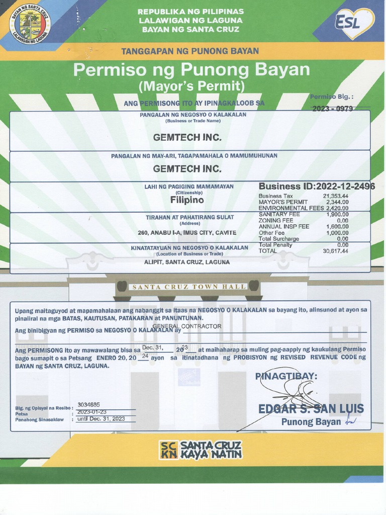 Gemtech Stacruz Bus Permit 2023 | PDF