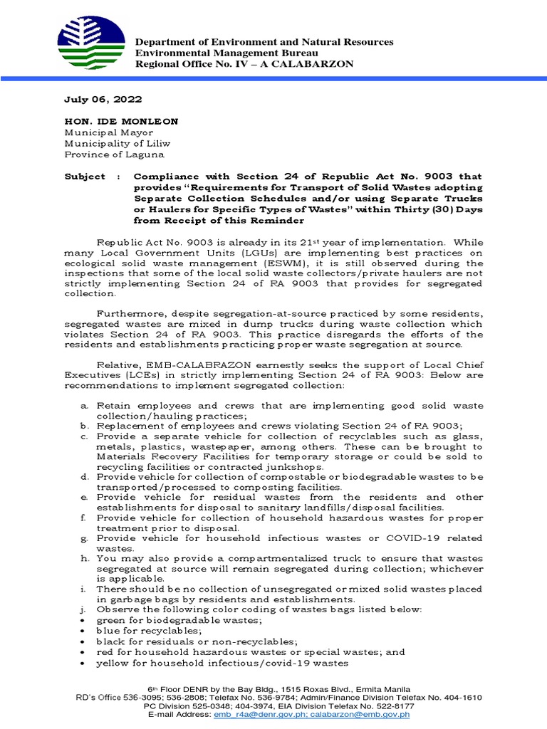Letter To Liliw, Laguna Re Segregated Collection | PDF | Waste | Waste ...