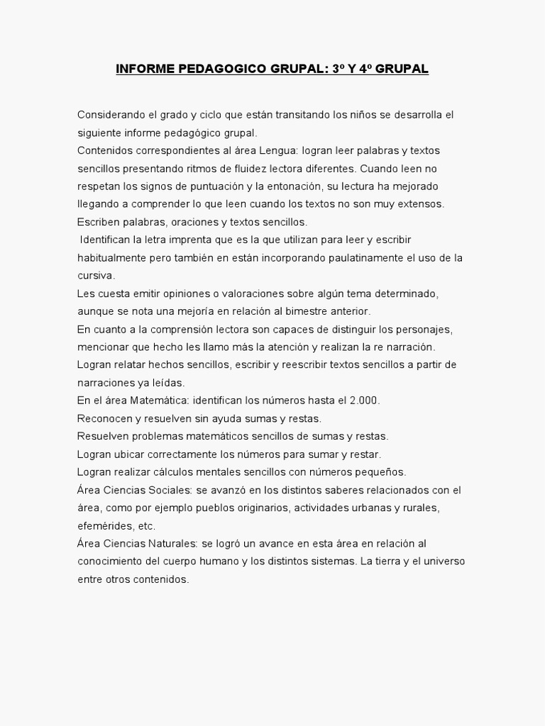 Informe Pedagogico Grupal 3º y 4º Grado | PDF