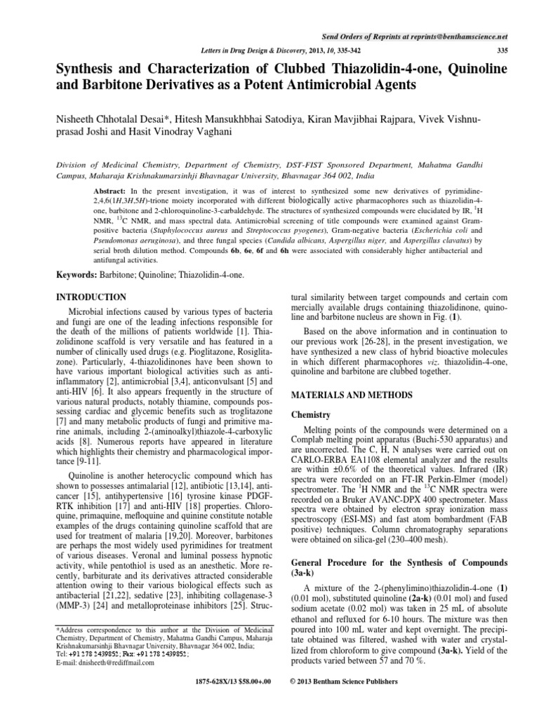 Synthesis and Characterization of Clubbed Thiazolidin-4-One, Quinoline and Barbitone Derivatives ...