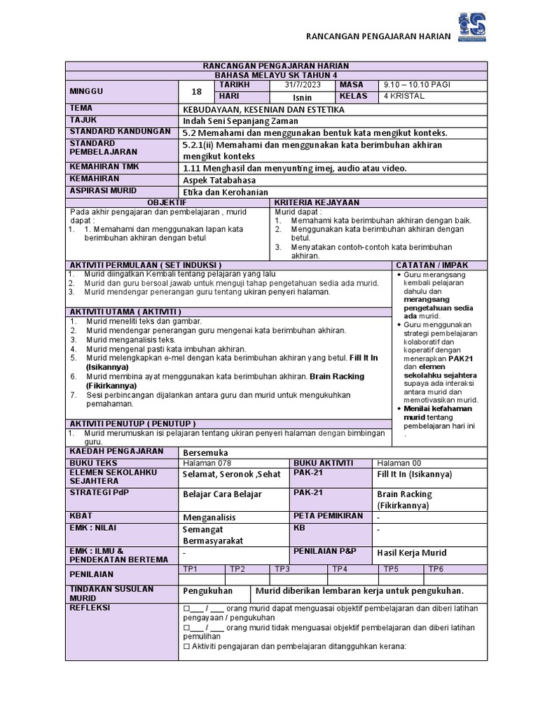 RPH Minggu 18 BM SK THN 4 2023 | PDF