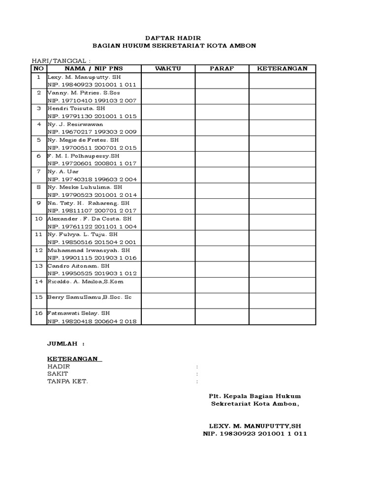Daftar Absen Pegawai Hukum Ambon | PDF