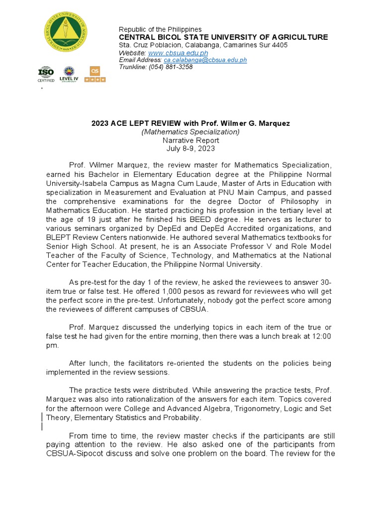 ACE LEPT Narrative Report July 8-9, 2023 | PDF | Mathematics | Science