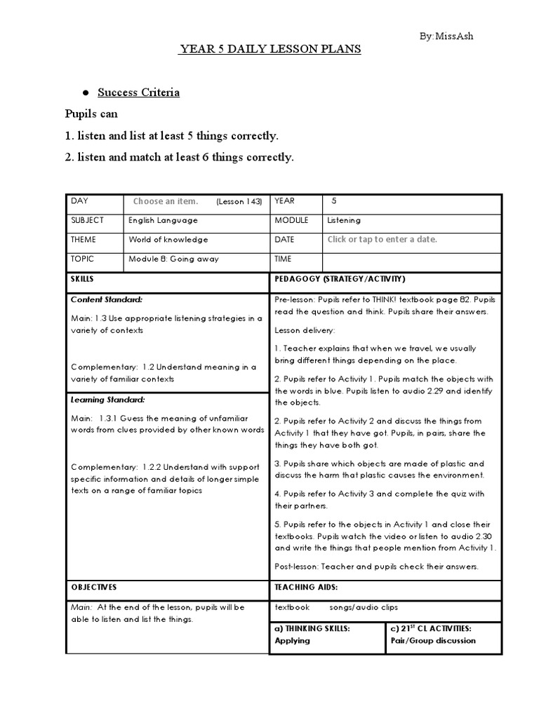 Year 5 Daily Lesson Plans Success Criteria Pupils Can 1. Listen and ...