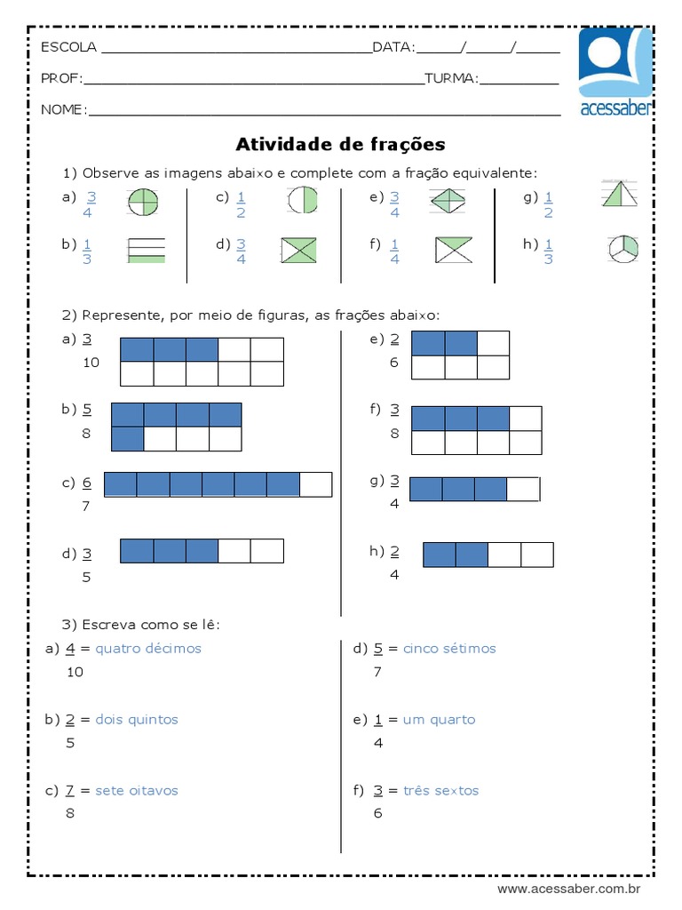 Planilha De Fracoes Equivalentes Para Imprimir Gratuitamente Relação
