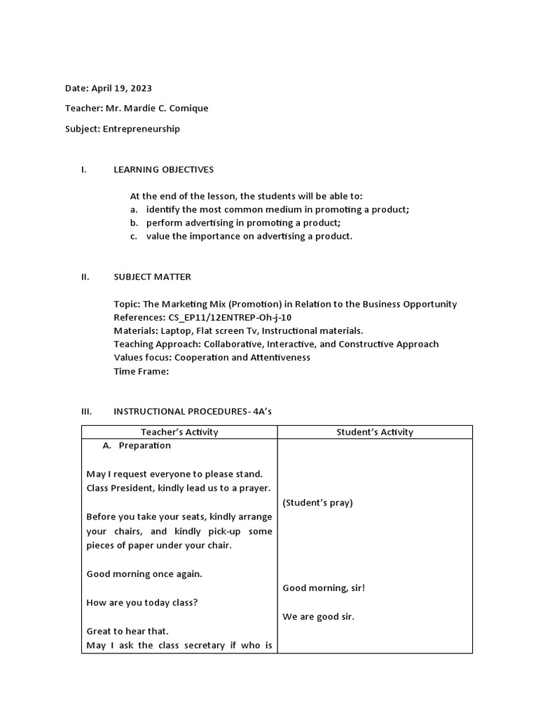 Entrep Lesson Plan | PDF | Pricing | Advertising