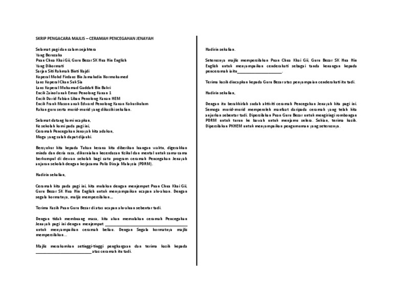 Skrip Pengacara Majlis Ceramah Pencegahan Jenayah | PDF