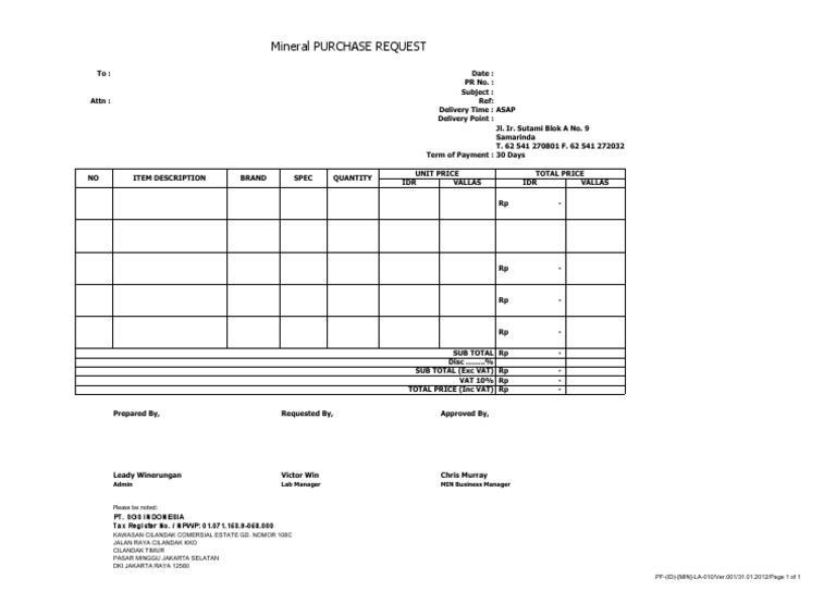 PF - (ID) - (MIN) - LA-010 Mineral Purchase Request | PDF | Taxes | Government Finances