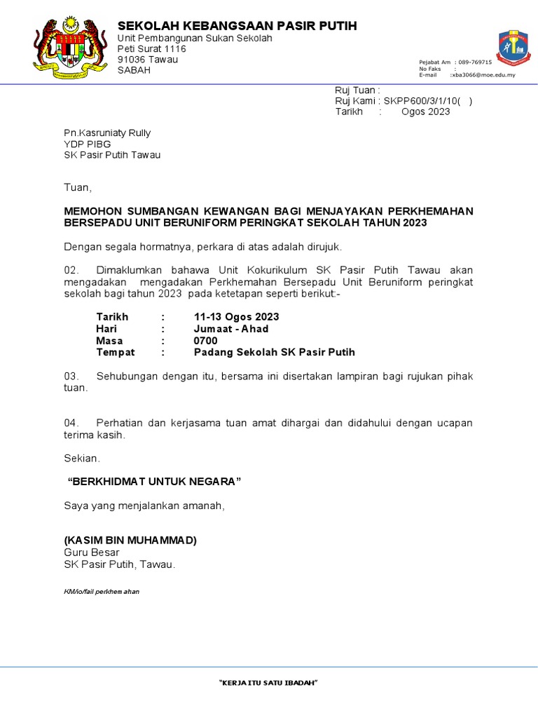 Surat Sumbangan Perkhemahan KPD Pibg | PDF