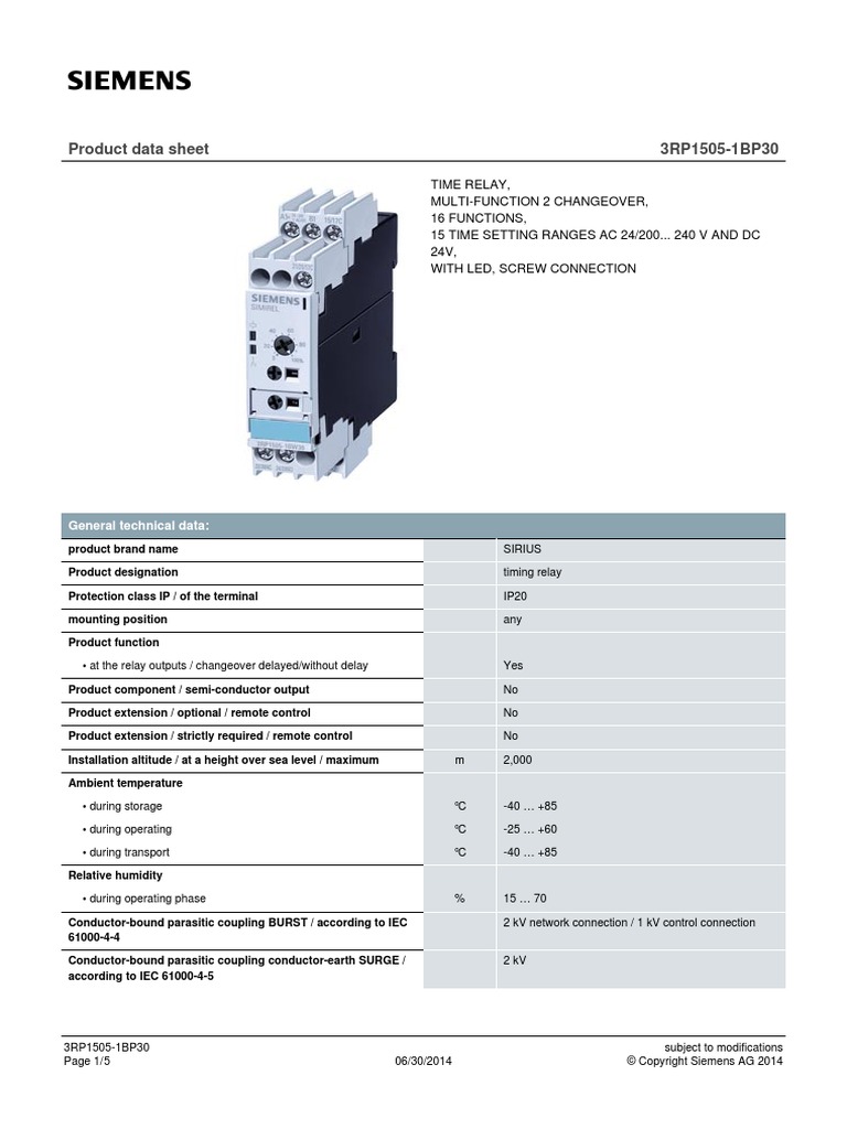 Siemens 3RP15051BP30 Datasheet | PDF | Alternating Current | Relay