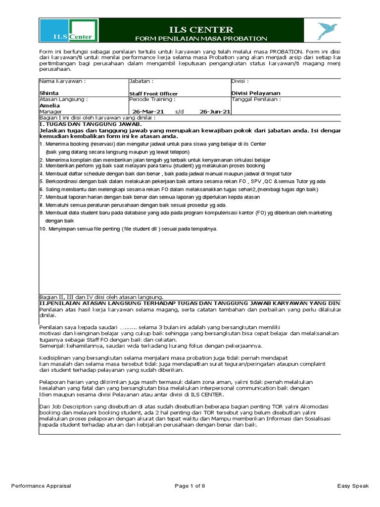 Probation Assessment (Receptionist - Sample) | PDF | Karier & Perkembangan | Bisnis