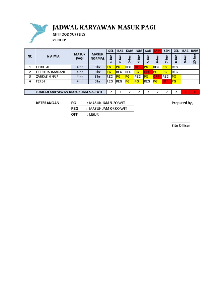 Jadwal Kerja Shift Kitchen & Service - Contoh | PDF