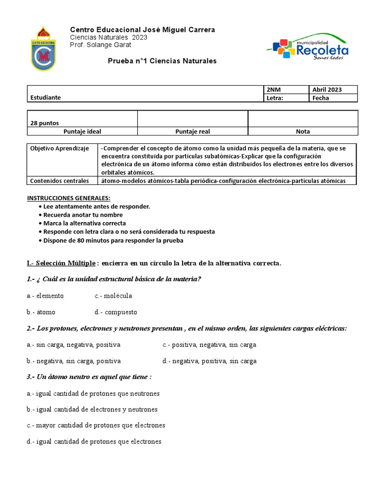 Prueba N°1 2NM-2023 | PDF | Átomos | Núcleo atómico