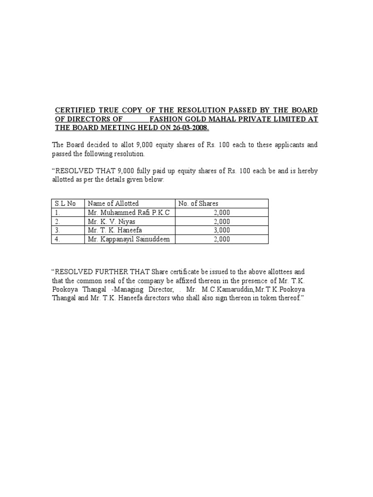 Board Resolution for Share Allotment | PDF