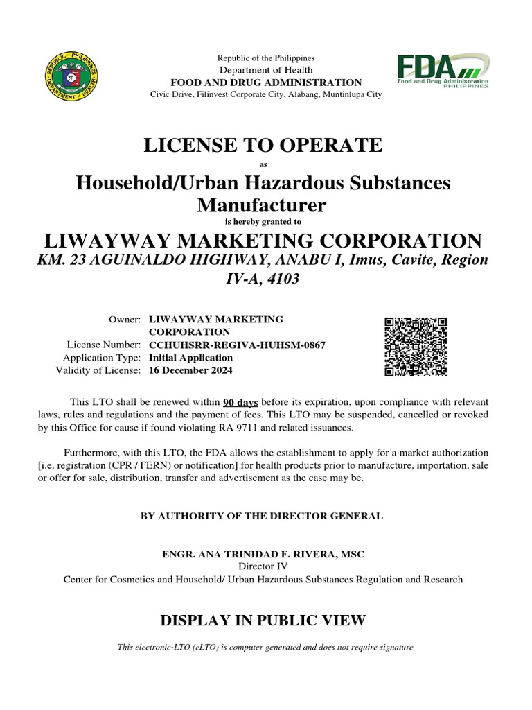 License To Operate Household/Urban Hazardous Substances Manufacturer ...