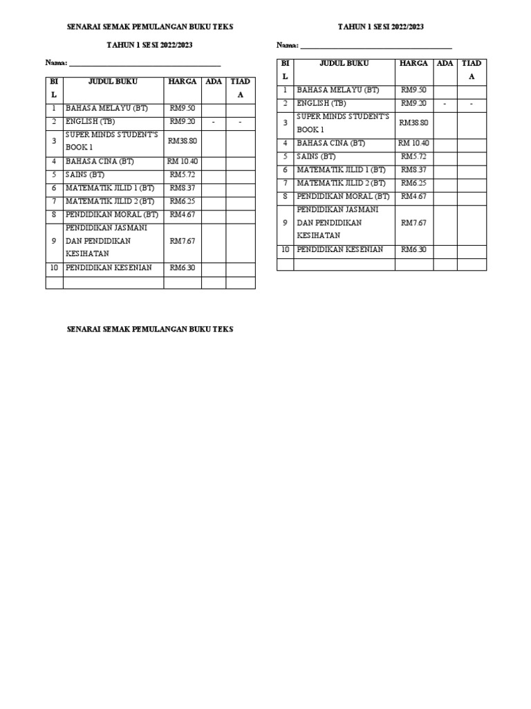 SENARAI SEMAK BUKU TEKS TAHUN 1 SJKC LOK YU 3 | PDF