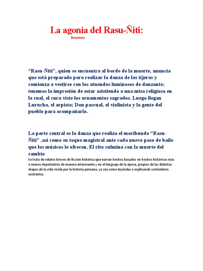 La Agonía Del Rasu-Ñiti:: Resumen | PDF
