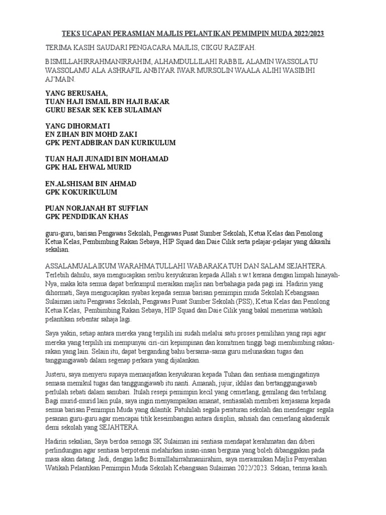 Teks Ucapan Perasmian Majlis Pelantikan Pemimpin Muda 2022 | PDF