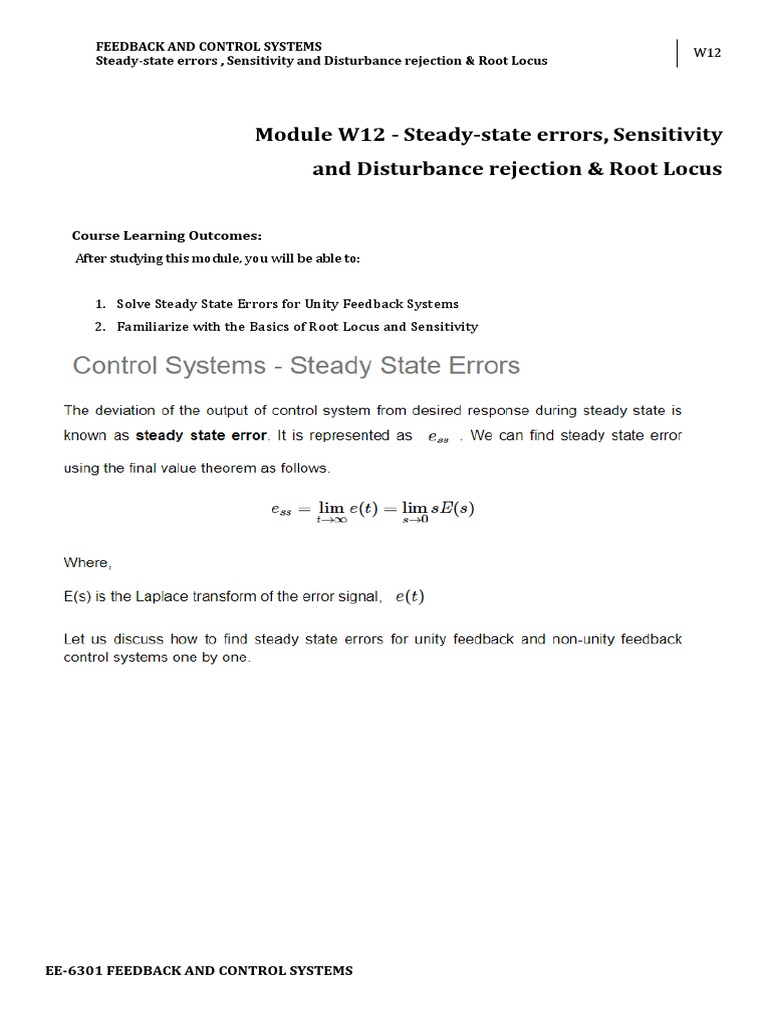 Week 12 - Steady-State Errors, Sensitivity and Distrurbance Rejection - Root Locus | PDF
