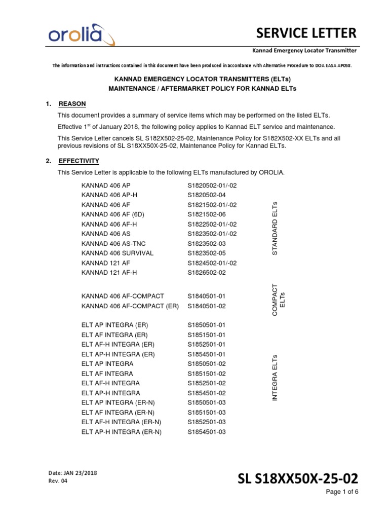 ELT SL S18XX50X 25 02 Maintenance Policy | PDF
