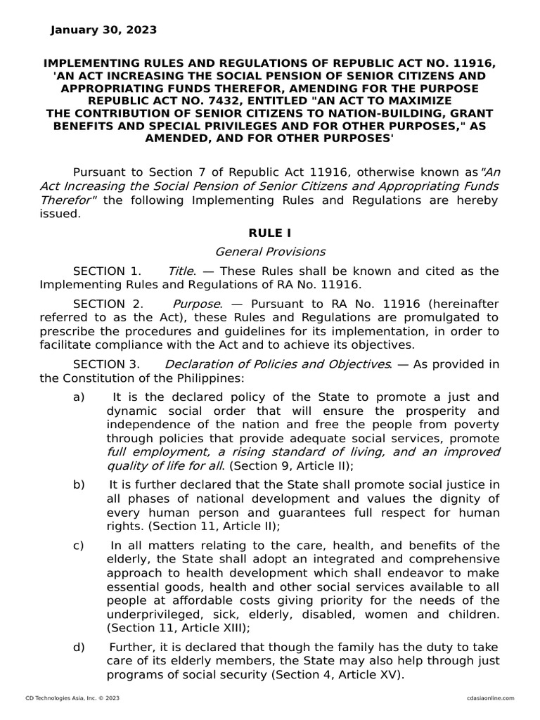 IRR RA 11916 (Increasing Pension) | PDF | Welfare | Pension