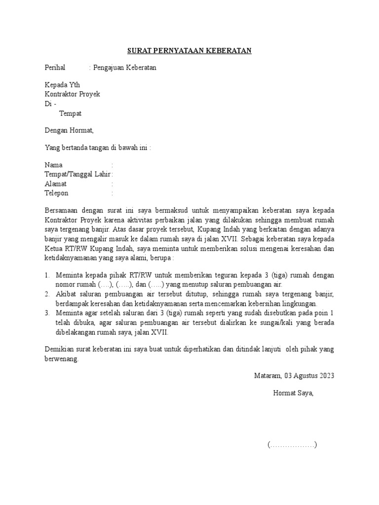 Surat Pernyataan Keberatan | PDF