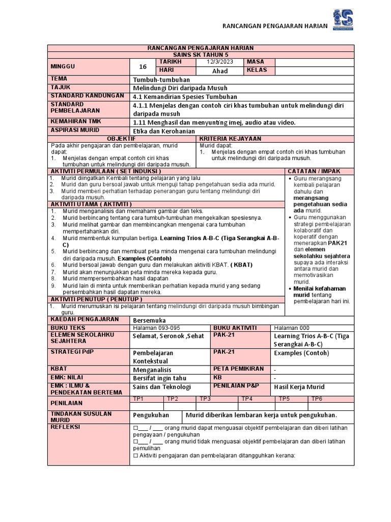 RPH Minggu 16 Sains THN 5 2023 by Cikgu Gorgeous | PDF