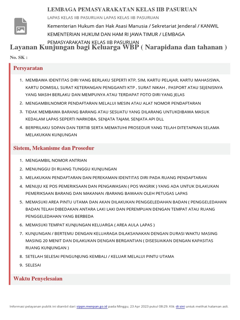 Unduh Standar Pelayanan - Layanan Kunjungan Bagi Keluarga WBP (Narapidana Dan Tahanan) | PDF