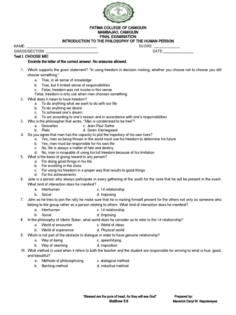 Philosophy Exam | PDF | Free Will | Experience