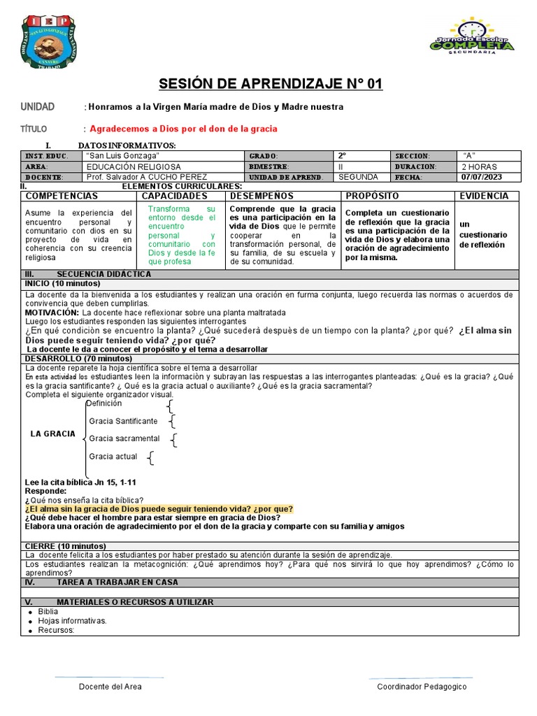 SESION 1 Reli 2° IV UNIDAD | PDF