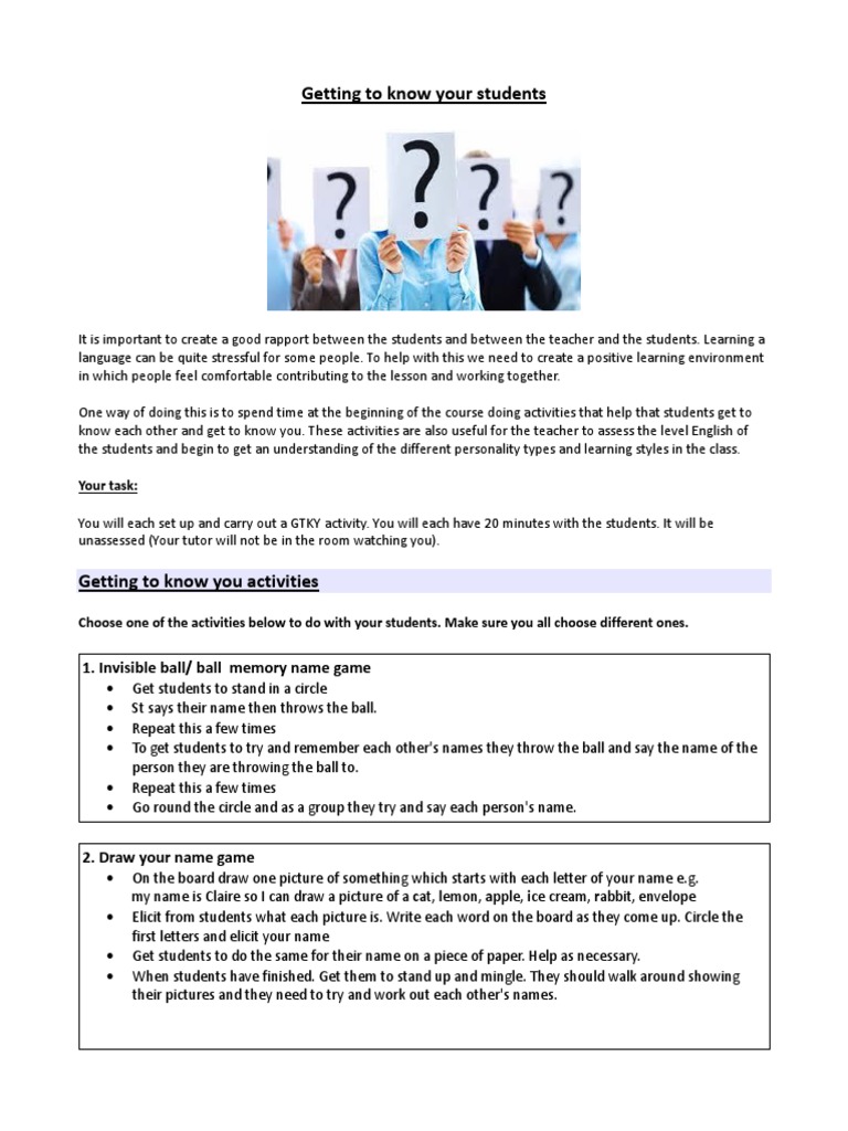 Getting To Know You Activities and Instructions | PDF