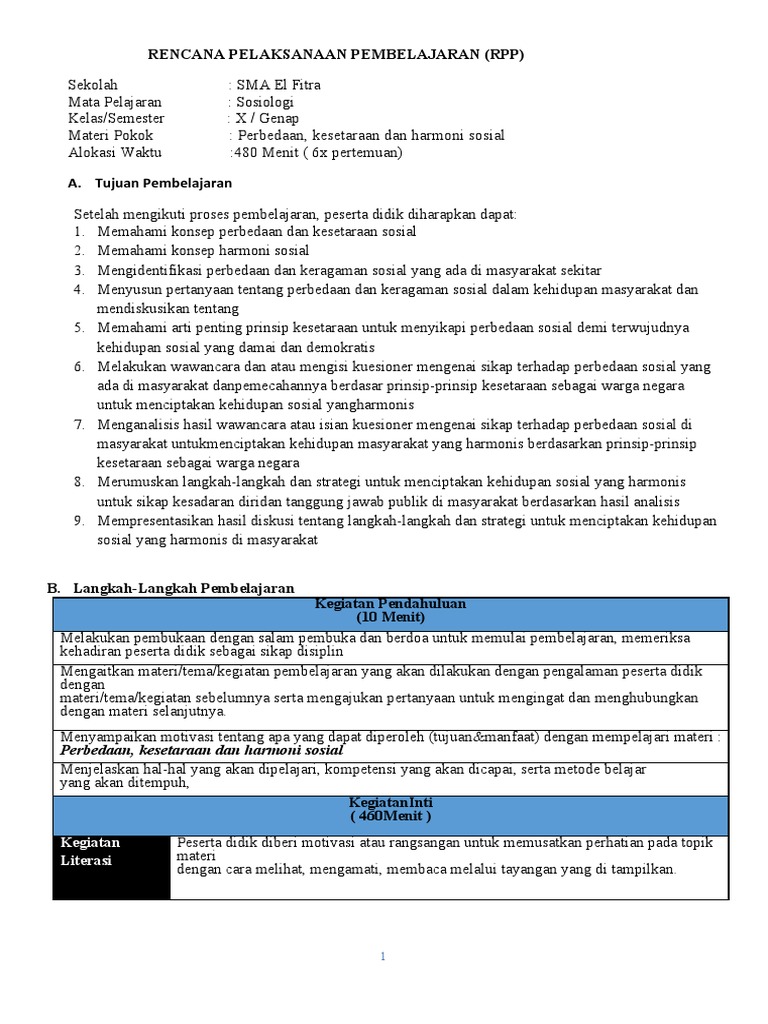 RPP Sosiologi Kelas Xi Kesetaraan Sosial | PDF | Kesehatan Holistik | Sains & Matematika