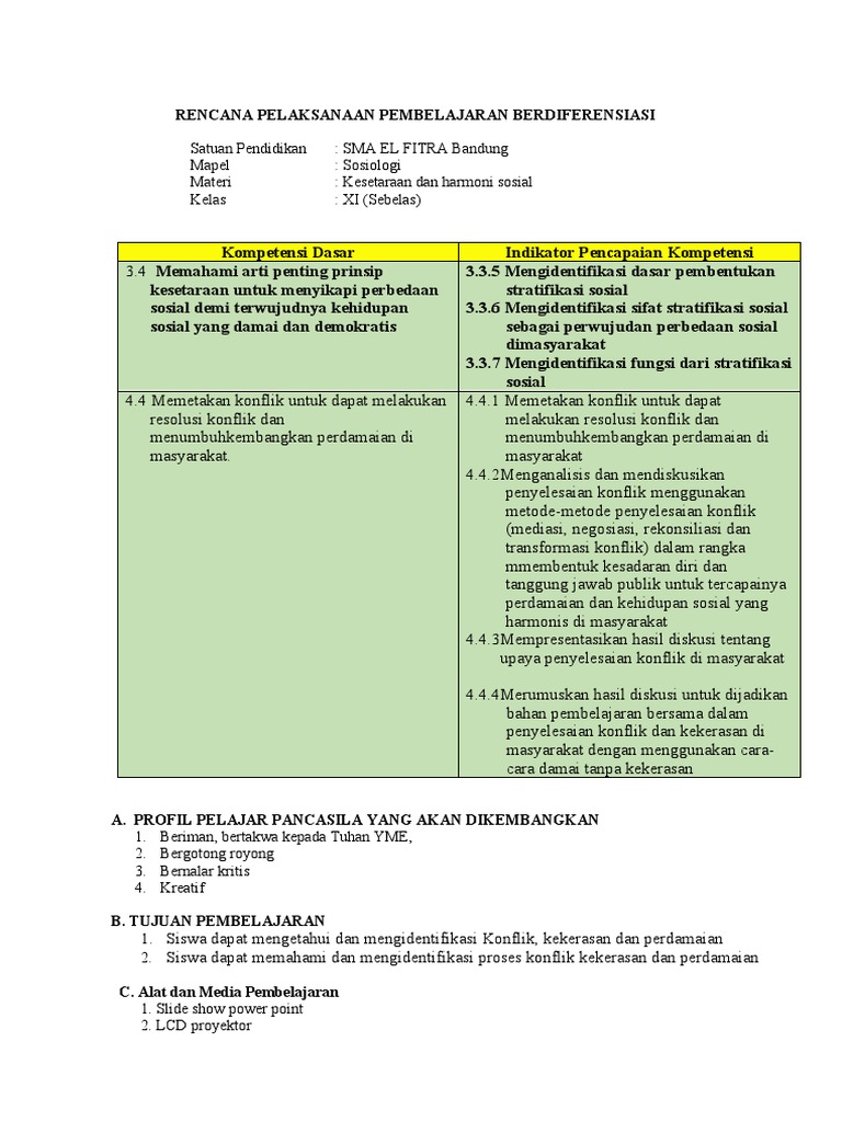 RPP Diferensiasi Kesetaraan Dan Harmonisasi Sosial Kls Xi | PDF
