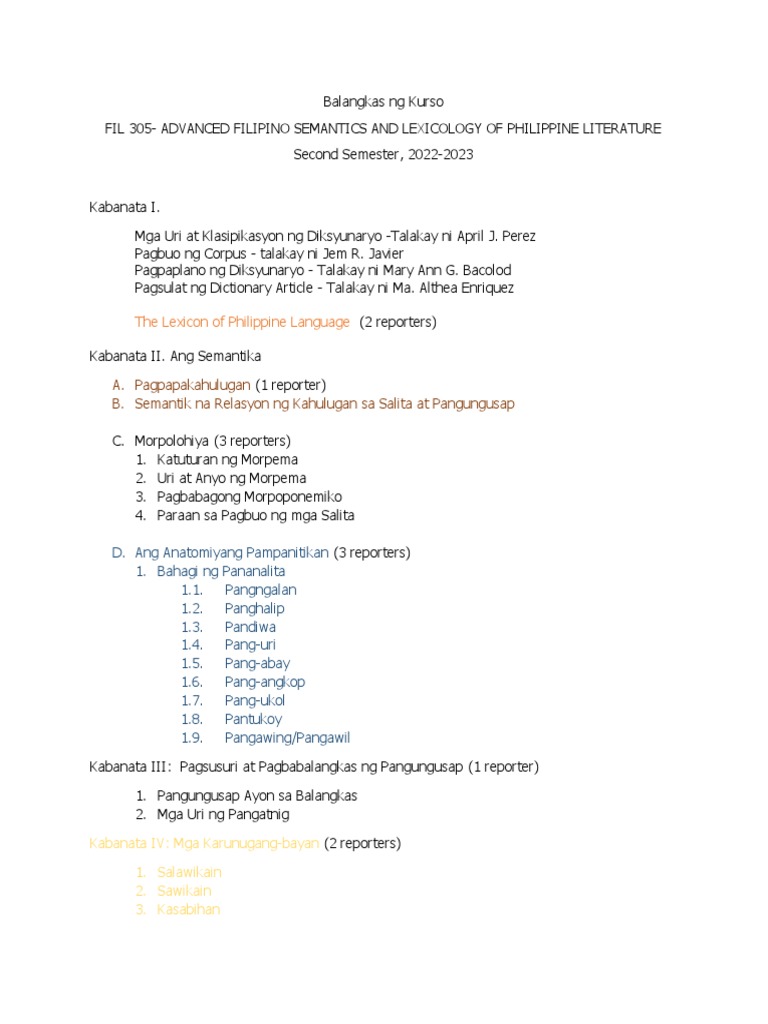 Balangkas NG Kurso FIL 219 - Second Sem | PDF