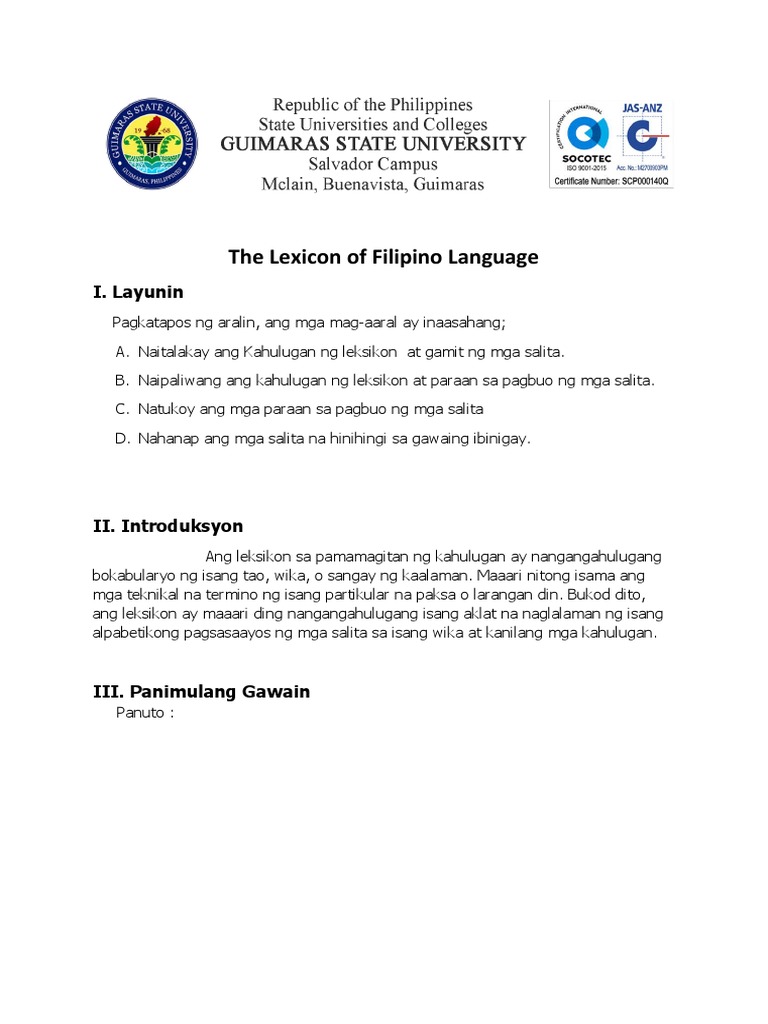 The Lexicon of Filipino Language Word | PDF