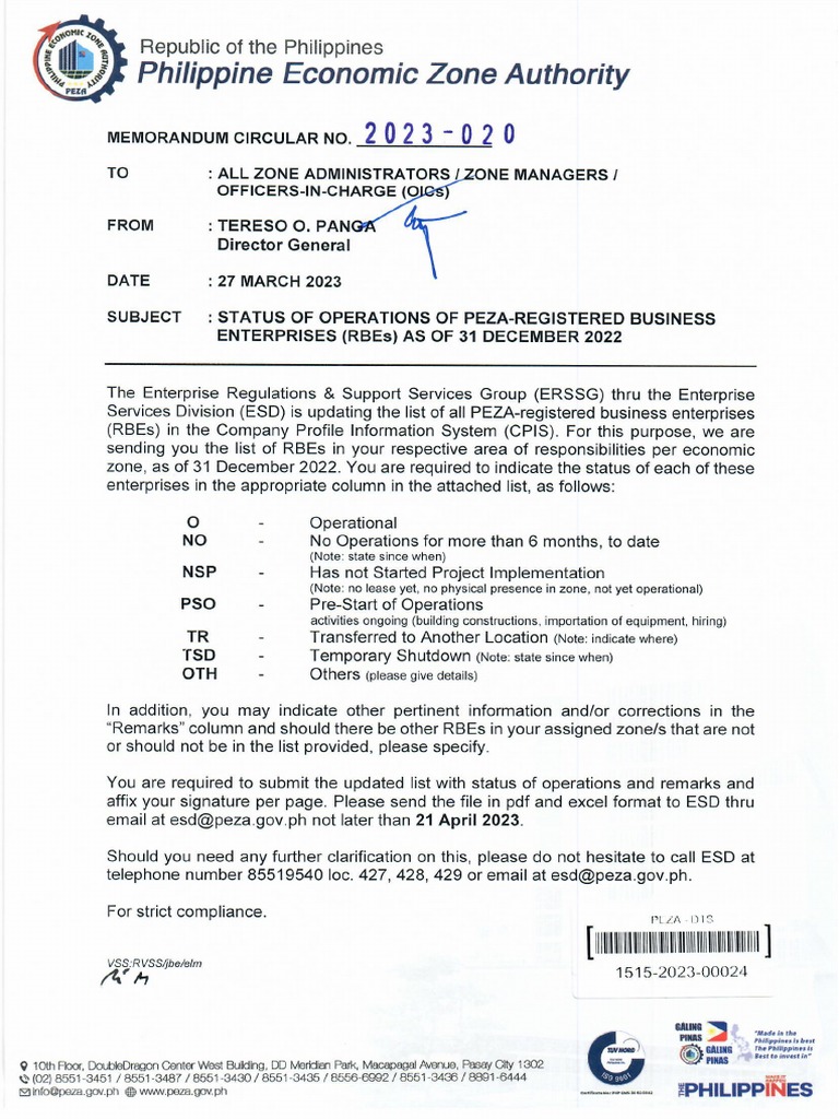 M.C. No. 2023-020 Status of Operations of PEZA-Registered Business Enterprises (RBEs) As of 31 ...