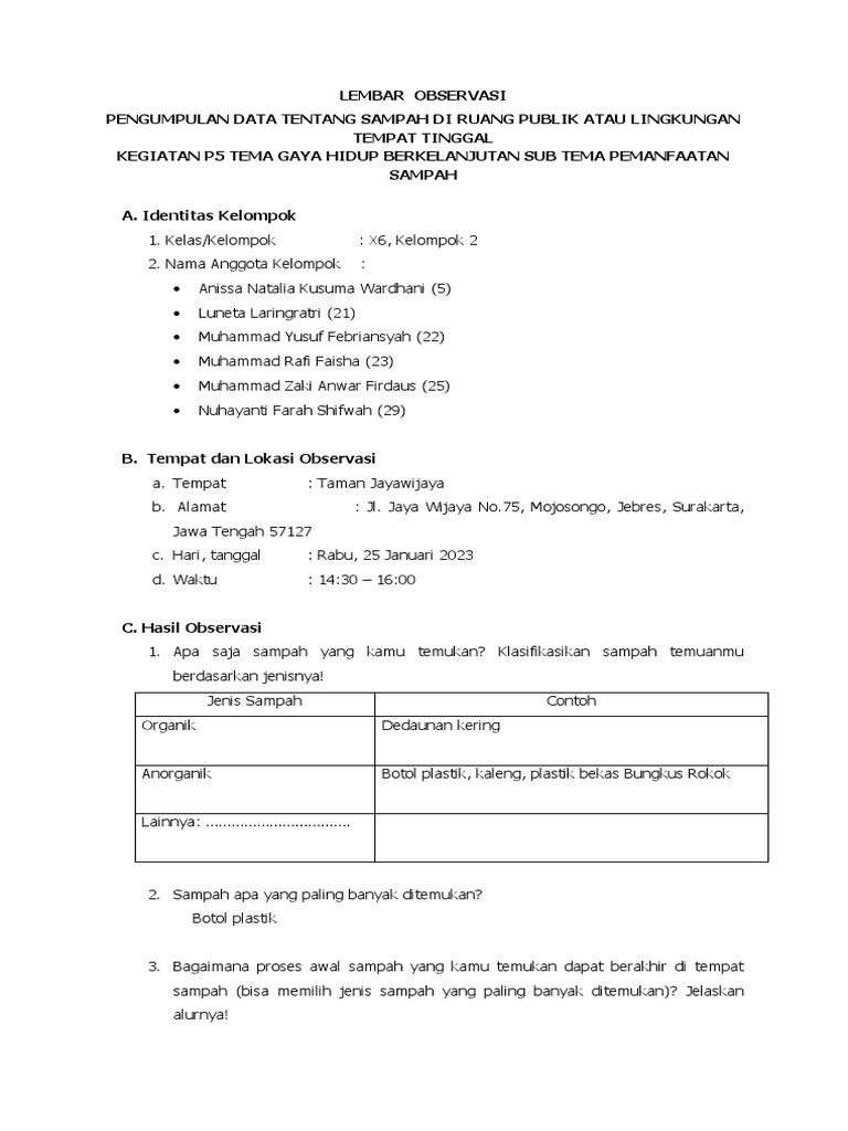 LEMBAR OBSERVASI DATA SAMPAH Kelompok 2 | PDF
