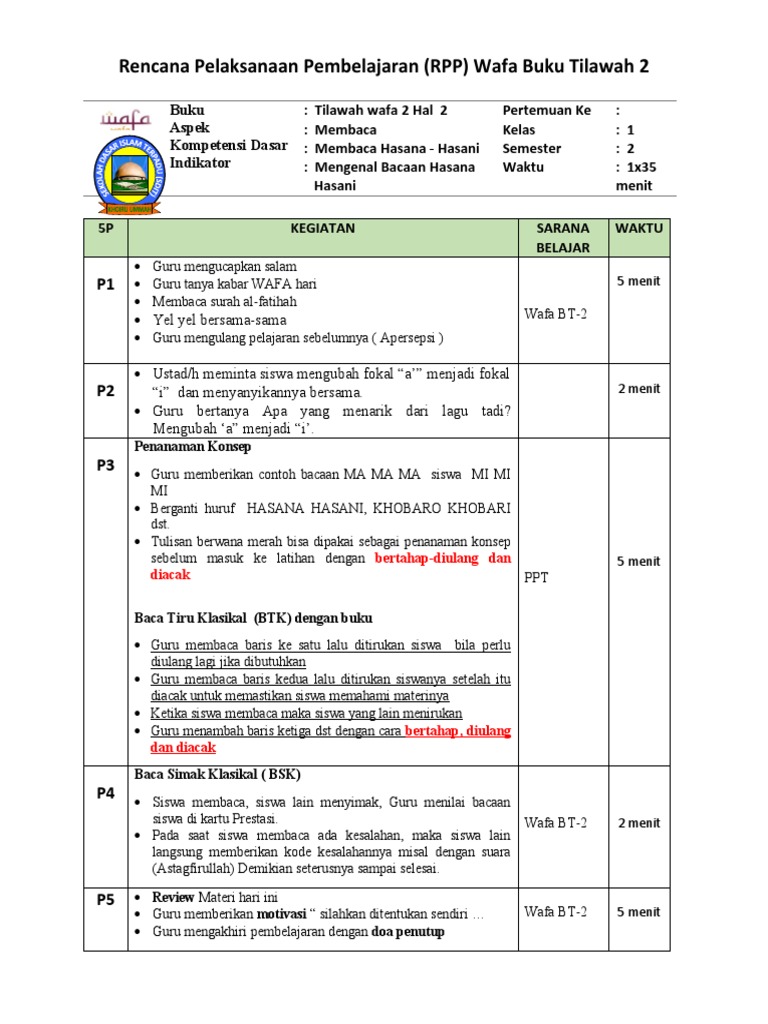 RPP 5P WAFA BT-2 Hal 2 Materi Hasana Hasani | PDF