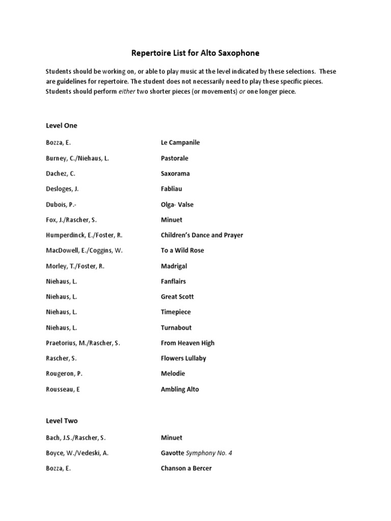 Alto Saxophone Repertoire Guide | PDF | Suite (Music) | Concerto