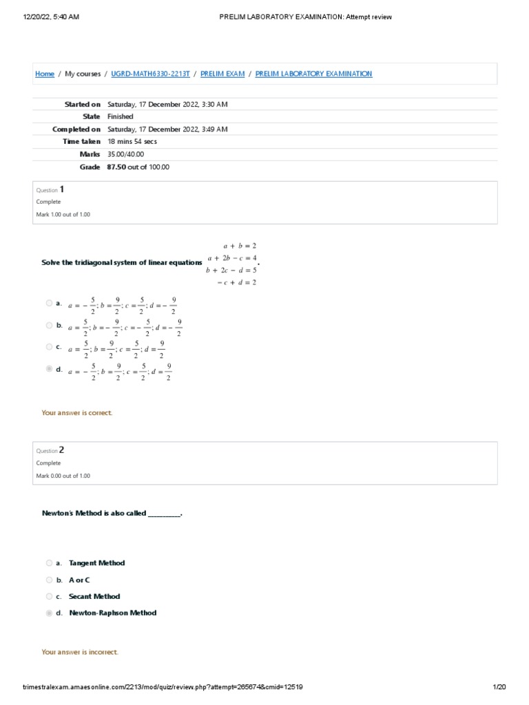 NUMERICAL METHODS PRELIM LABORATORY EXAMINATION Attempt Review PDF | PDF | Matrix (Mathematics ...