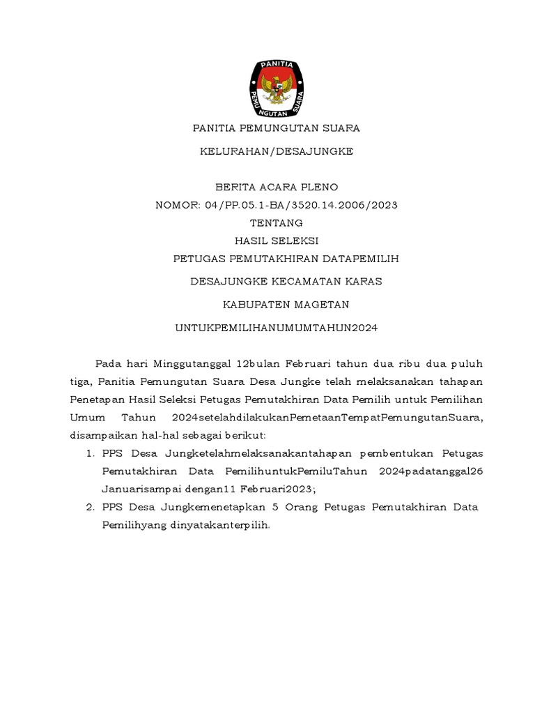 Ba-Penetapan Hasil Seleksi Pantarlih (Pasca Pemetaan TPS) | PDF
