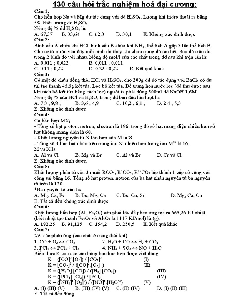 130 Cau Trac Nghiem Hoa Dai Cuong | PDF